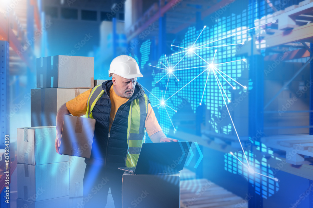 Logistics business. Man with boxes stands in warehouse. World map with ...