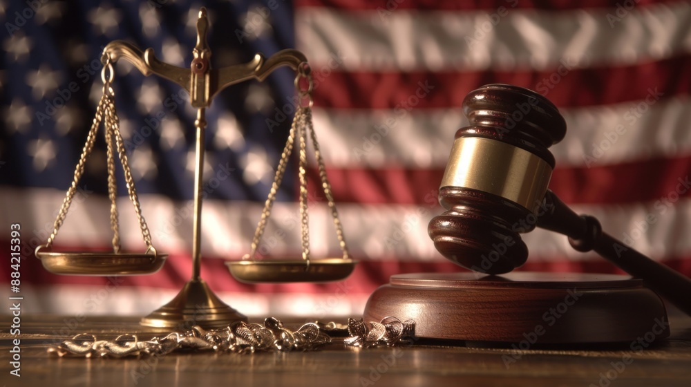 judge's gavel and a golden Scale of Justice on the American Flag ...