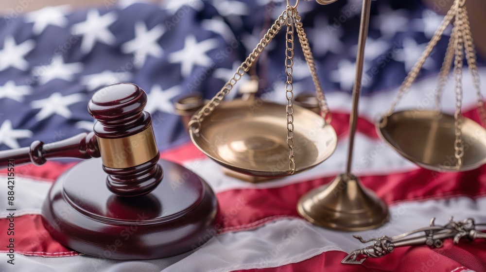 judge's gavel and a golden Scale of Justice on the American Flag ...