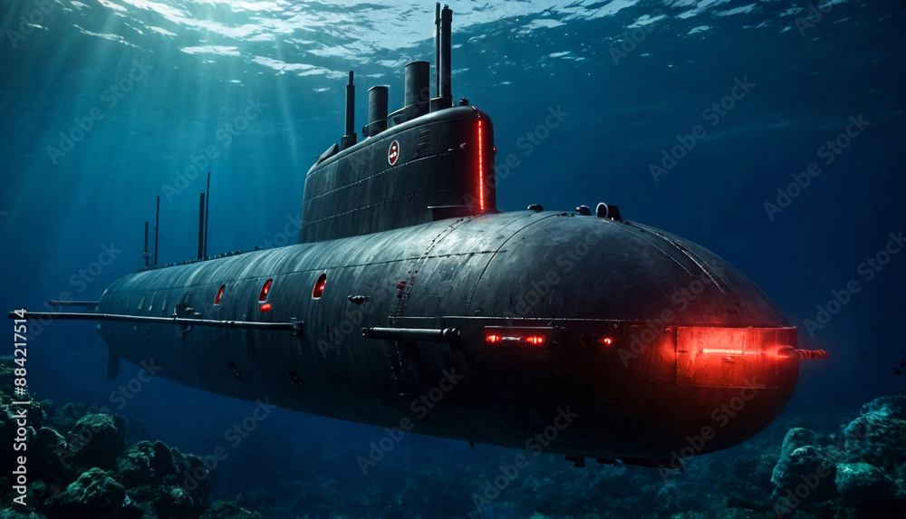 Military submarine with red lights sailing deep underwater. Submarine ...