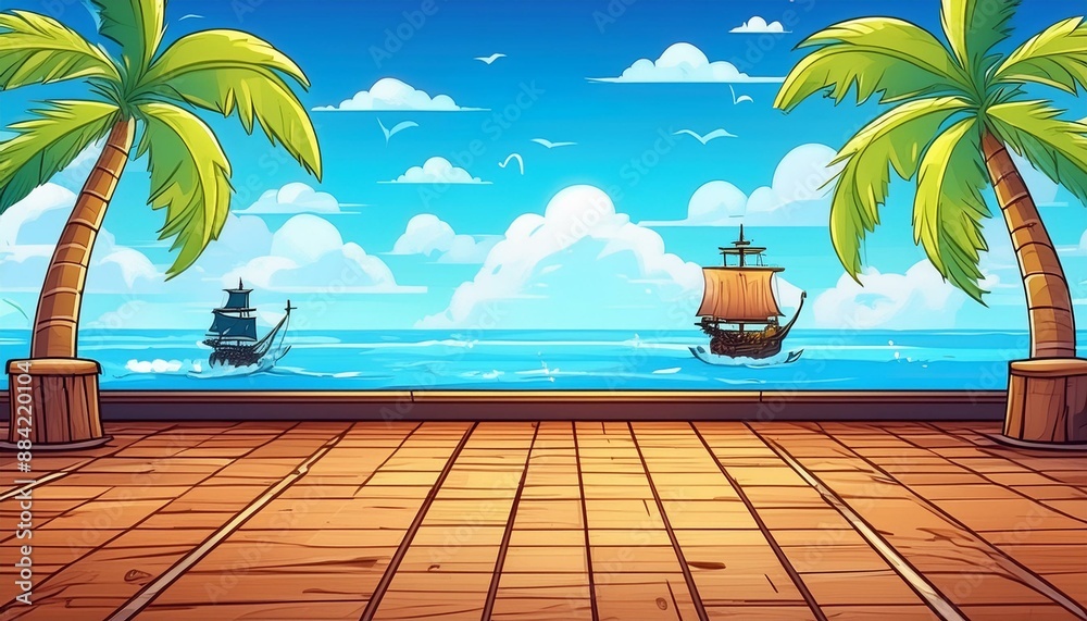 Background environment of 2D abstract tropical pirate ship deck for ...