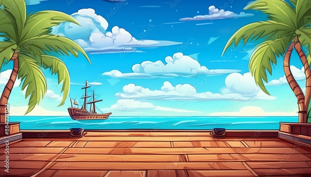 Background environment of 2D abstract tropical pirate ship deck for ...