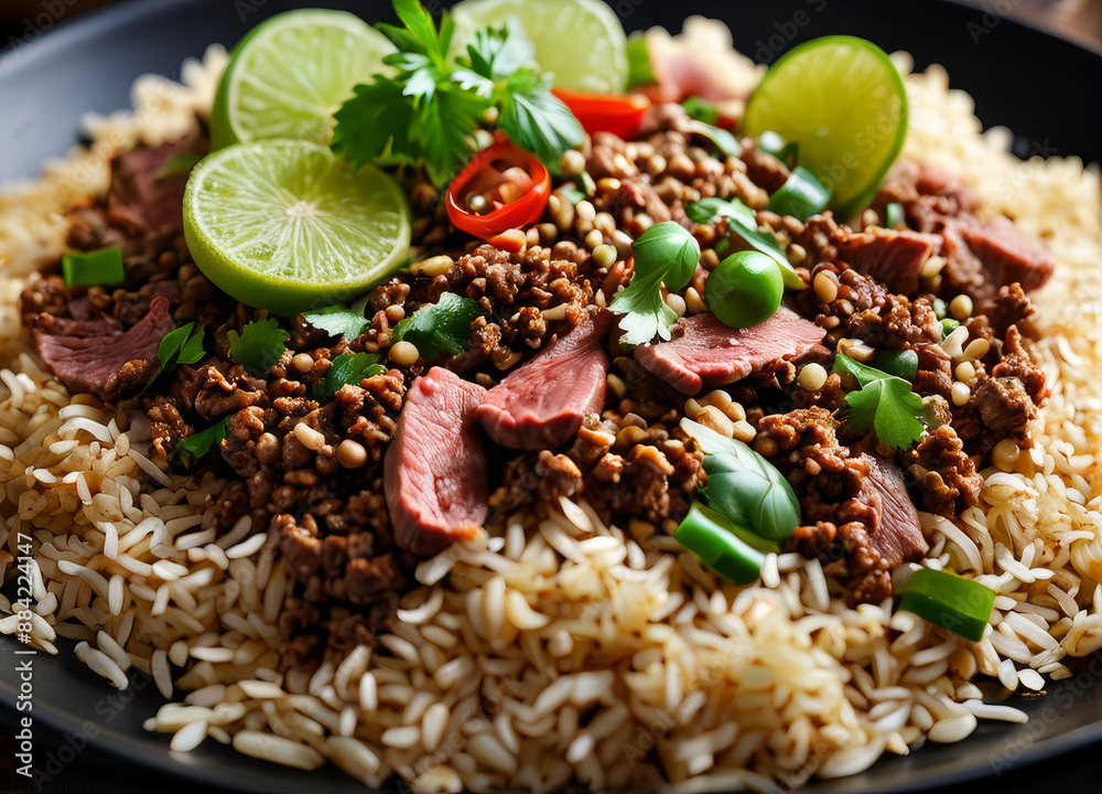 Larb with minced beef, roasted rice powder, and a fragrant blend of ...