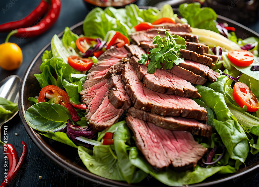 Pla salad with sliced beef, fresh herbs, and a tangy chili dressing ...