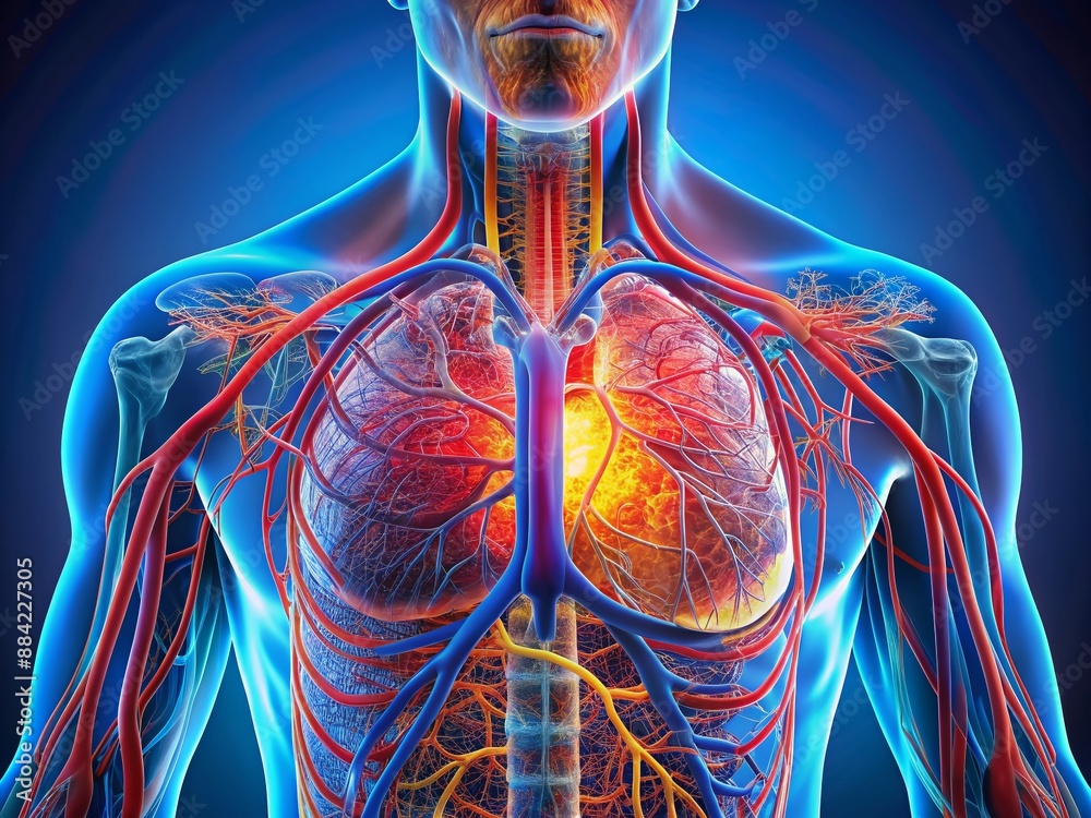 Vibrant, detailed illustration of the upper human body's internal ...