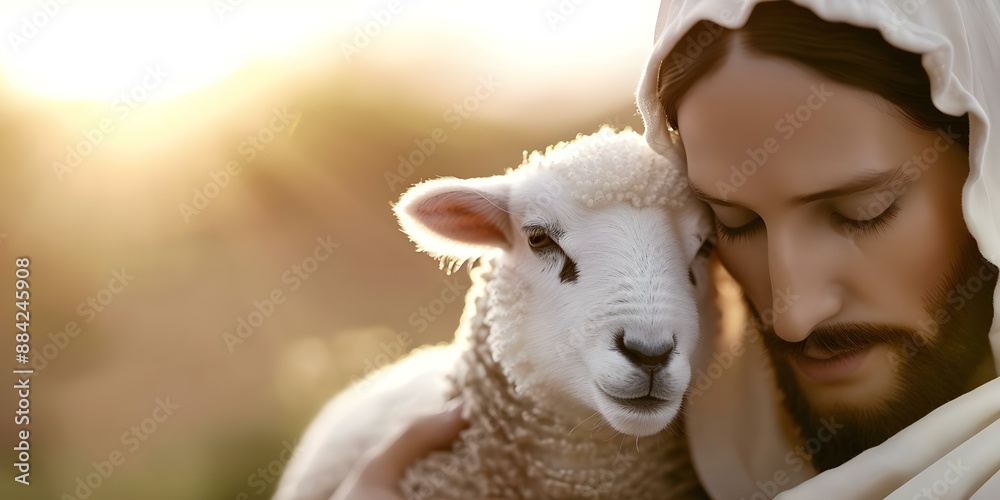 Depiction of Jesus as the Good Shepherd rescuing a lost lamb. Concept ...