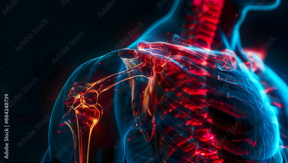 3D illustration of human shoulder pain showing bones and muscles with ...