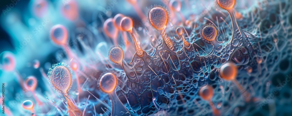 Close-up of intricate fungal structures with vibrant colors and ...