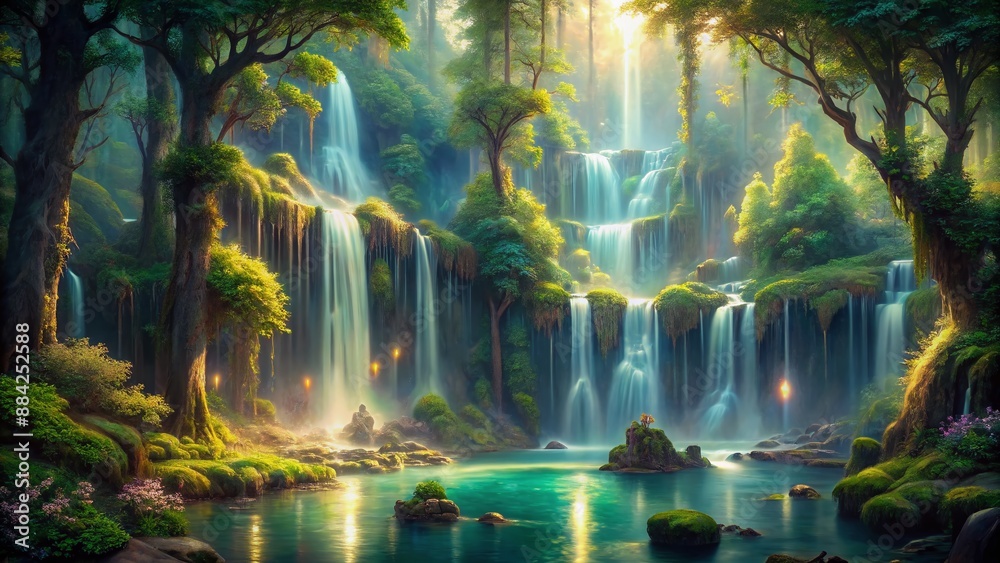 Mystical realm of shimmering waterfalls, ancient elven woods, and lush ...