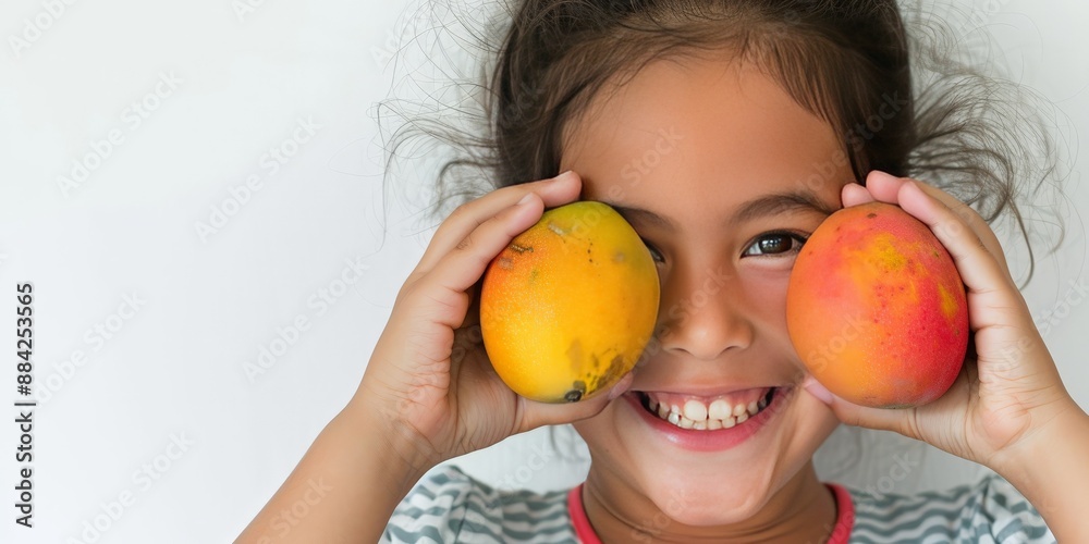 Little girl holding two mangoes in front of her eyes and smiling Stock ...