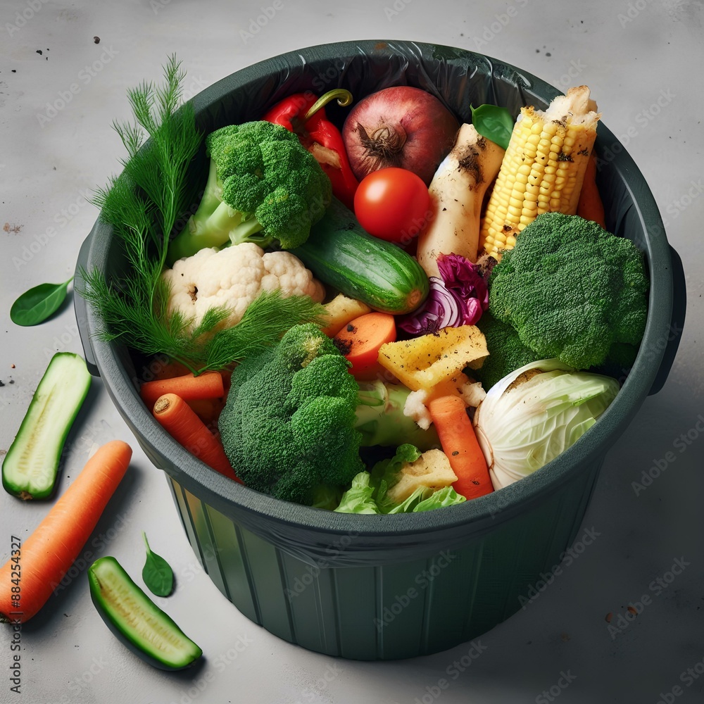 Uneaten unused spoiled vegetables thrown in the trash container. Food ...