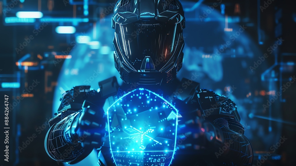 Cybersecurity setup with antivirus, digital armor activated, dark ...