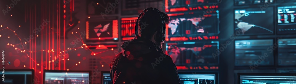 ภาพประกอบสต็อก Hacker launching cyber threats, dark background, multiple screens with warning ...