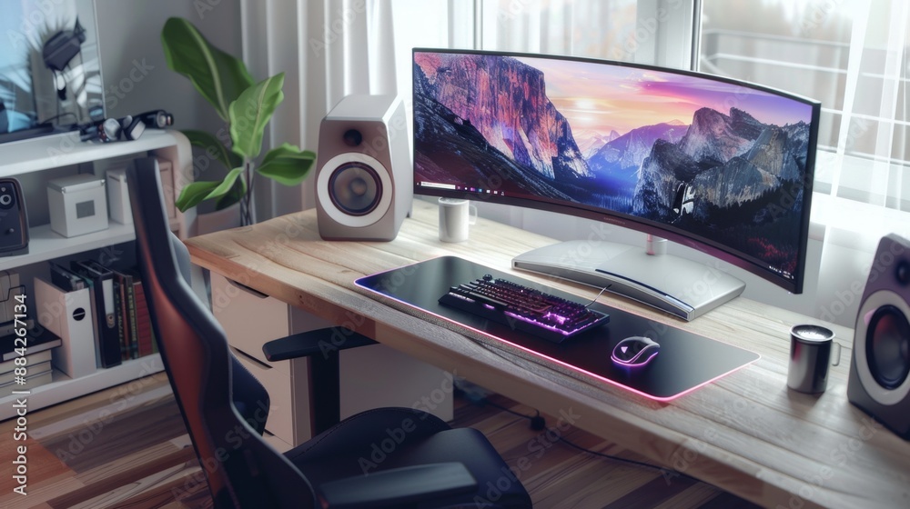Modern Gaming Setup with Curved Monitor and RGB Keyboard. Stock Photo ...