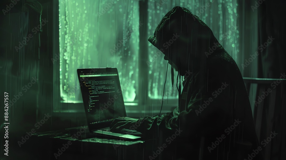 Hooded figure in a dim room, laptop with dark web interface, side ...