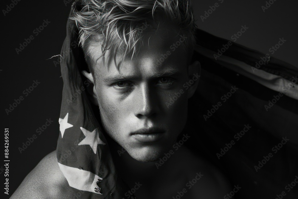 Serious and intense patriotic portrait of a young american man in ...