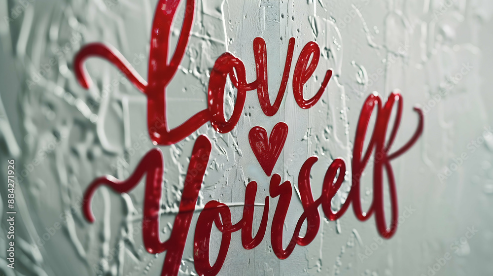 “Love Yourself” Red Script on Textured White Background - Close-up of ...