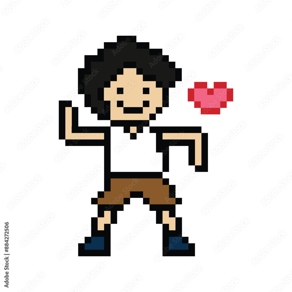 Cute pixel cartoon 8bit character man exercises training dance ...