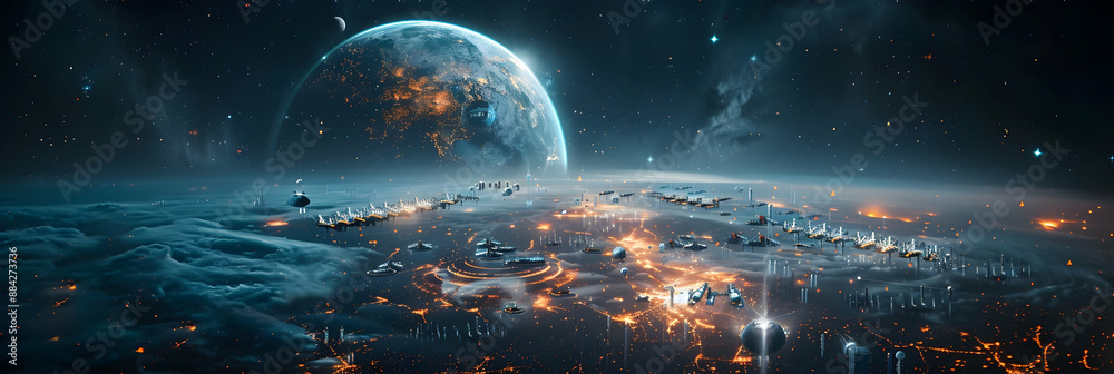 Futuristic solar planet with a complex network of spaceports and ...