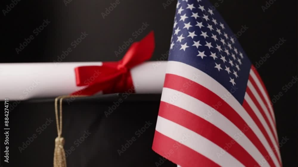 American education and language learning, graduation cap with diploma ...