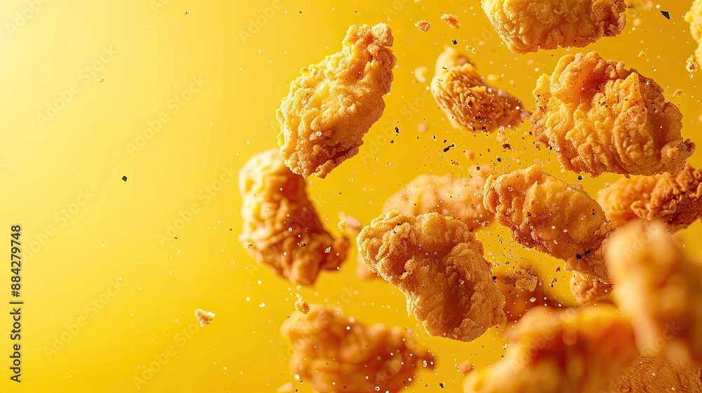 Fried chicken nuggets falling in the air on blank background with copy ...