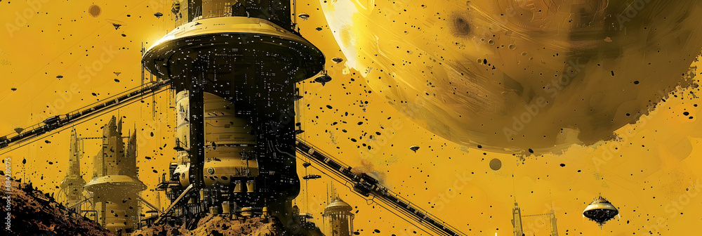 Futuristic solar planet with a complex system of space elevators ...