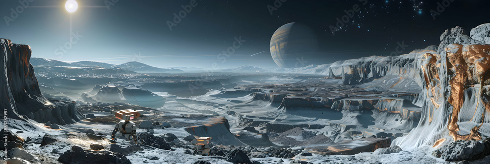 Futuristic solar planet with advanced robotic explorers traversing its ...