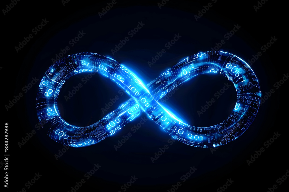 Glowing blue infinity symbol with digital code on black background ...