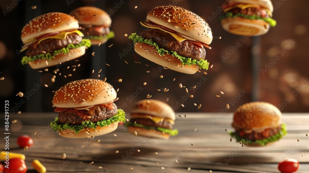 Realistic 3D burgers falling in the air, perfect for food photography ...