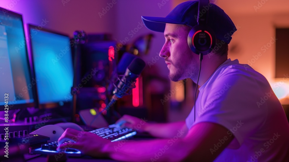 Content creator setting up a podcast studio, adjusting microphones and ...