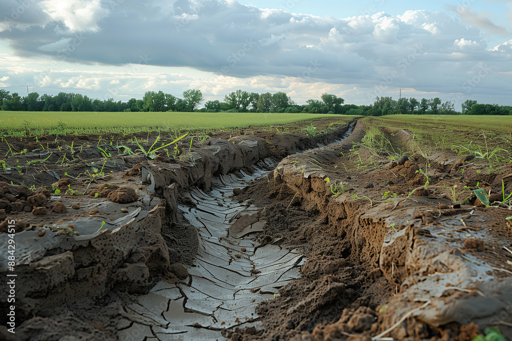 Water and wind soil erosion of field with green grass under blue sky ...