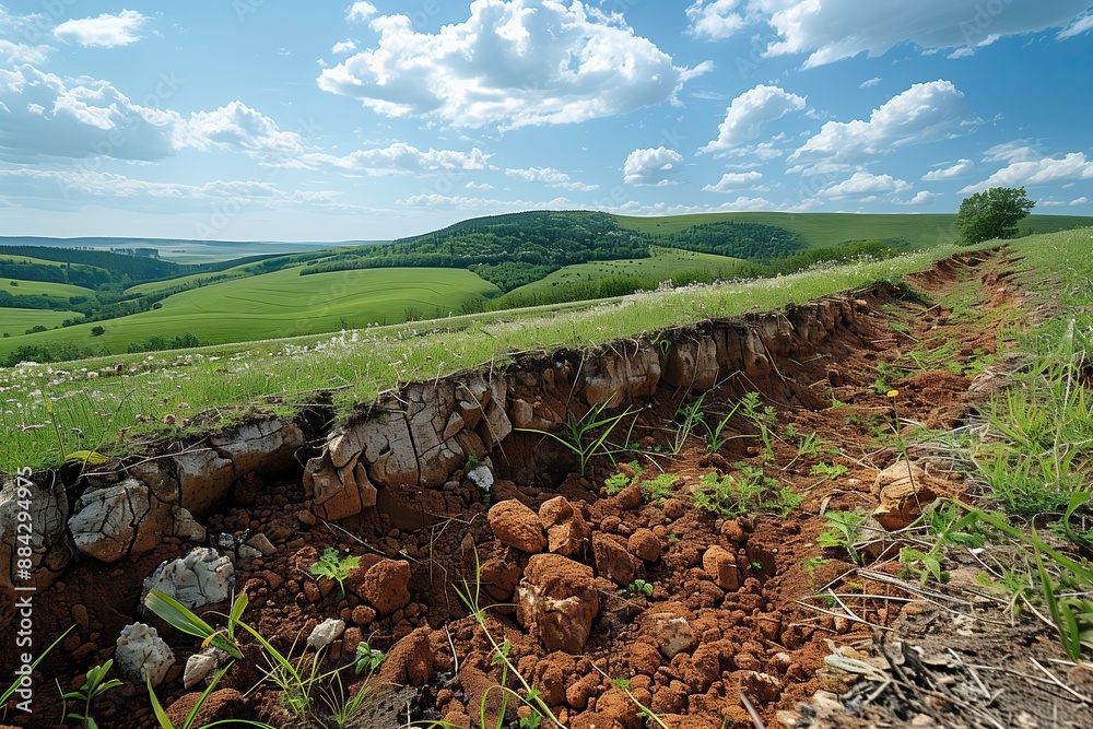 Water and wind soil erosion of field with green grass under blue sky ...