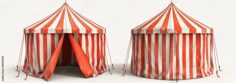 Circus tent, front view and side view, white background, red color ...