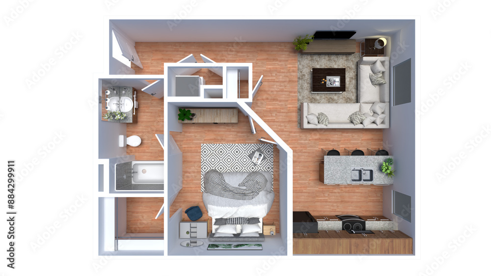 3d floor plan rendering for One bedroom ,kitchen, living , and Bathroom ...
