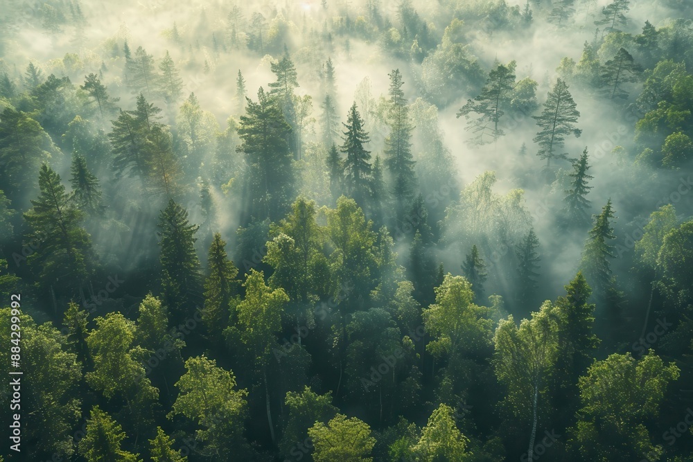 Scandinavian forests, moose grazing, early morning mist, bird's-eye ...