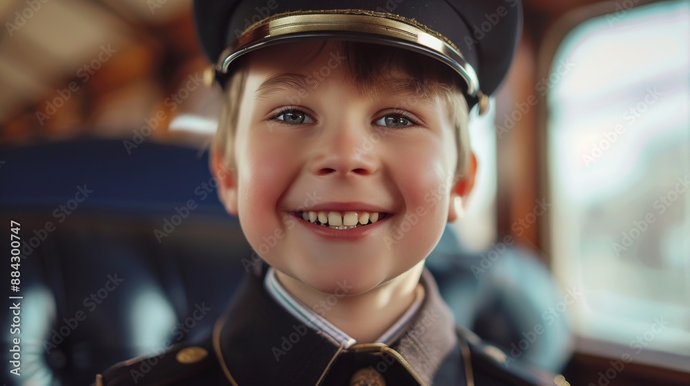 A young boy wearing a train conductor hat smiles widely while sitting ...