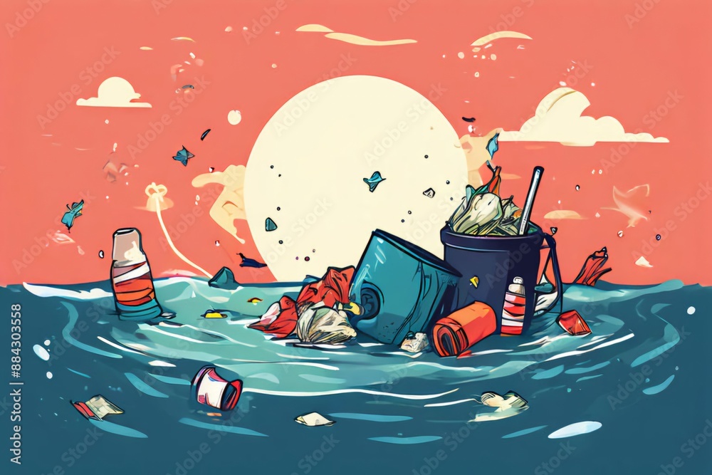 Wide sea, discarded garbage, household waste, waste, plastic waste, open sea, Pacific Ocean ...