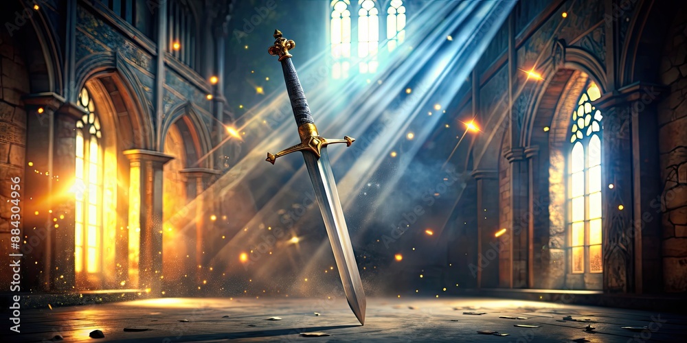 Medieval heroic sword in enchanted temple with dramatic lighting and ...