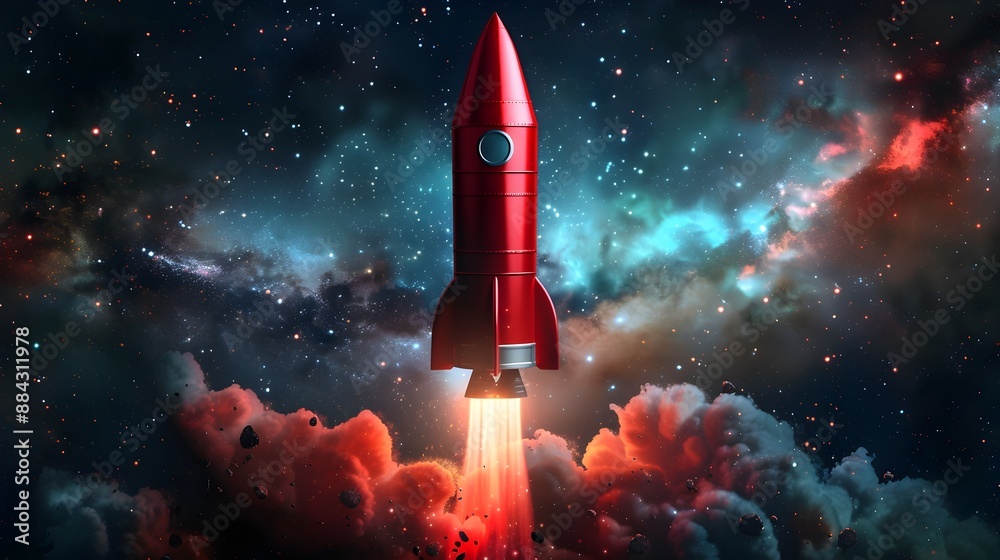 Crimson red rocket silhouette ascending powerfully into the vast ...