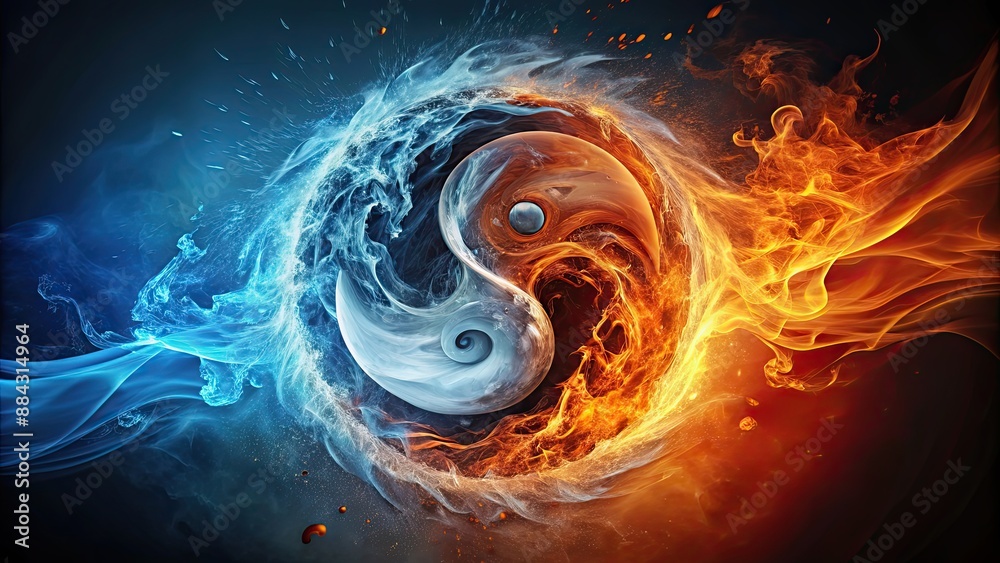 Abstract Yin and Yang concept art depicting the elements of fire and ...