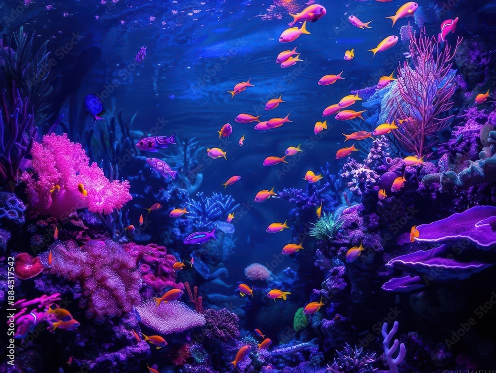 bioluminescent coral reef neon fish swarm vivid undersea colors surreal ...