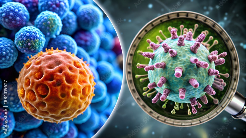 Magnified view of bacterial cell under microscope revealing spherical ...