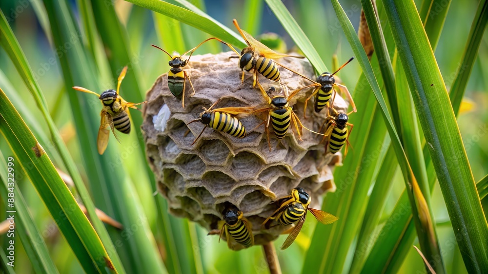 nest of active yellow jacket wasps amidst tall grass swaying gently in ...