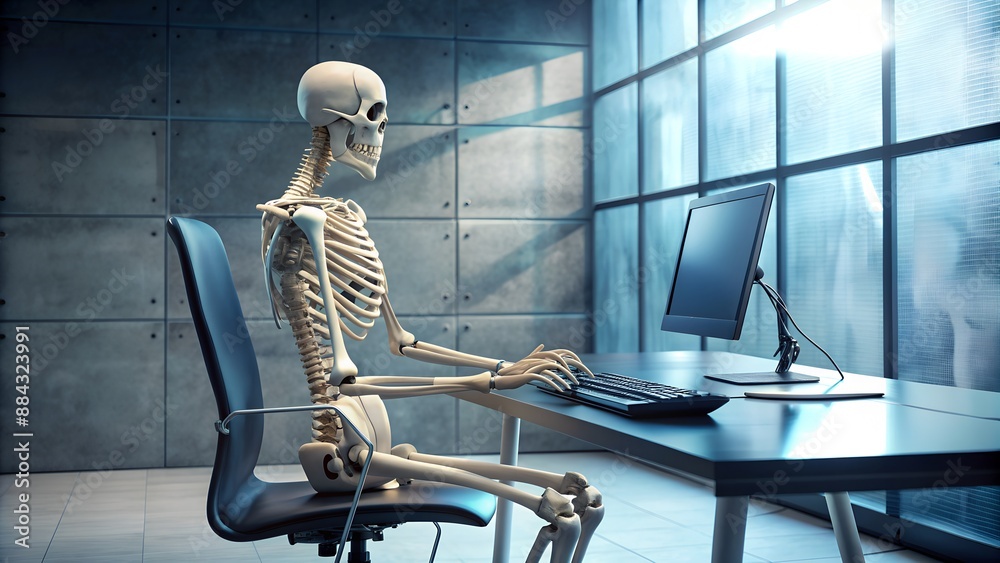 humerus skeleton in futuristic workspace, using computer and keyboard ...