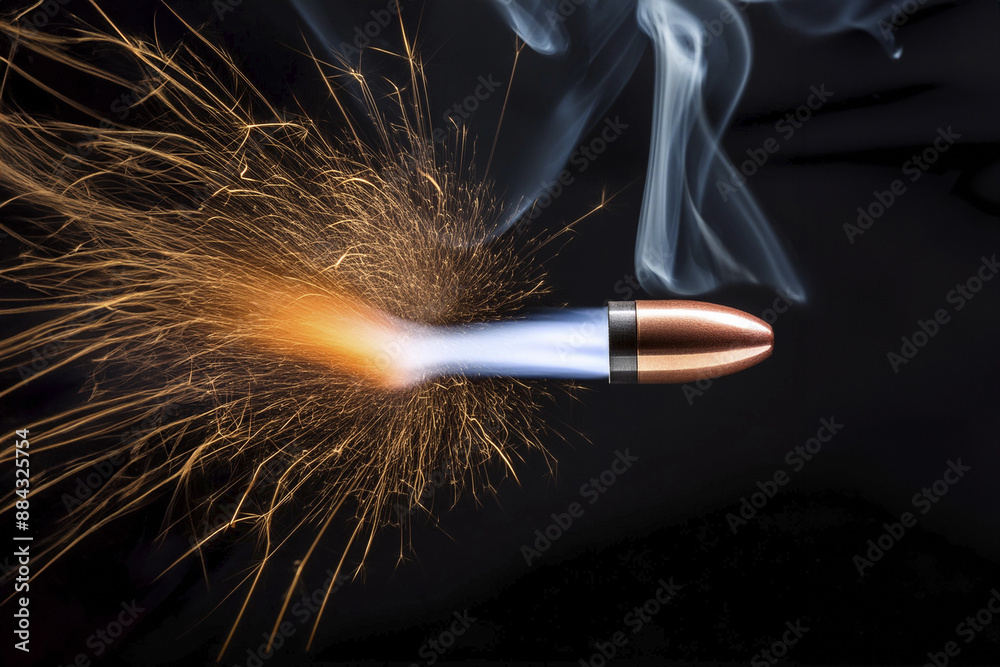 Bullet. Bullets. Shooting. A bullet is shot out of a gun, leaving a ...