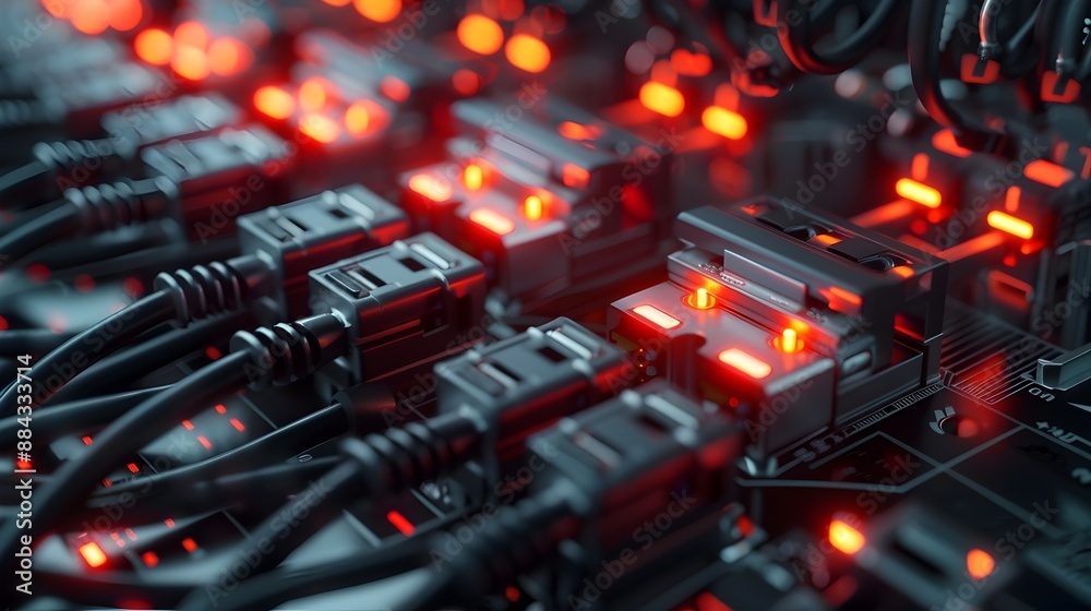 Detailed examination of a complex network of cable connectors ports and ...