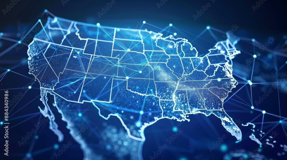 A digital network map of the United States featuring glowing nodes and ...