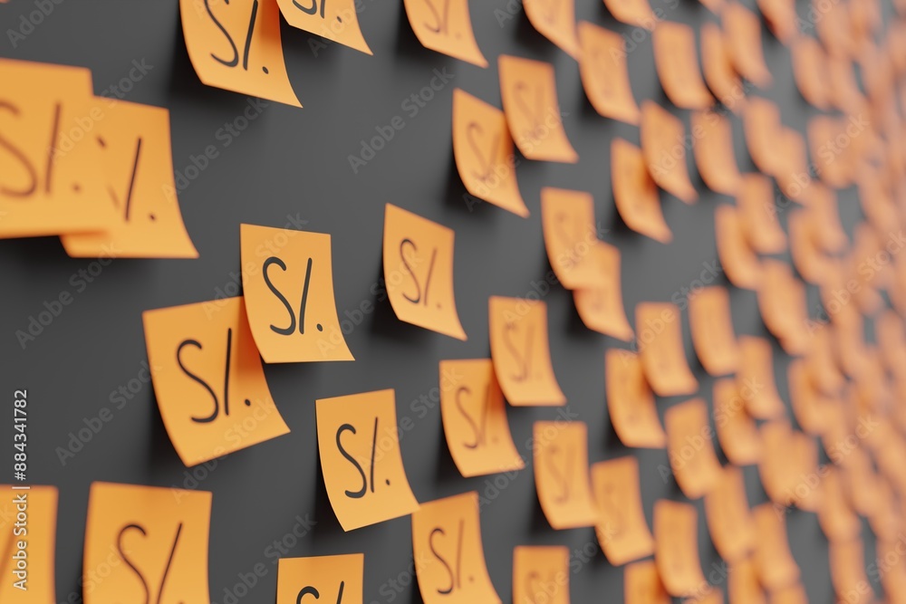 Many orange stickers on black board background with symbol of Peru sol ...