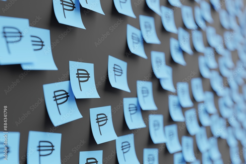 Many blue stickers on black board background with symbol of Philippines ...