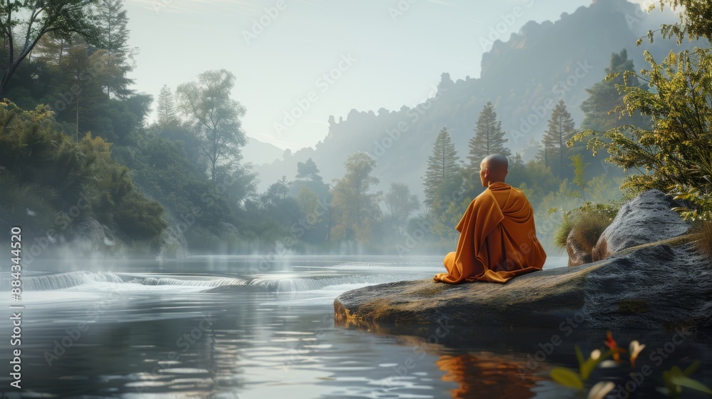 a Zen Buddhist monk, sitting on a rock by a river, teaching mindfulness ...